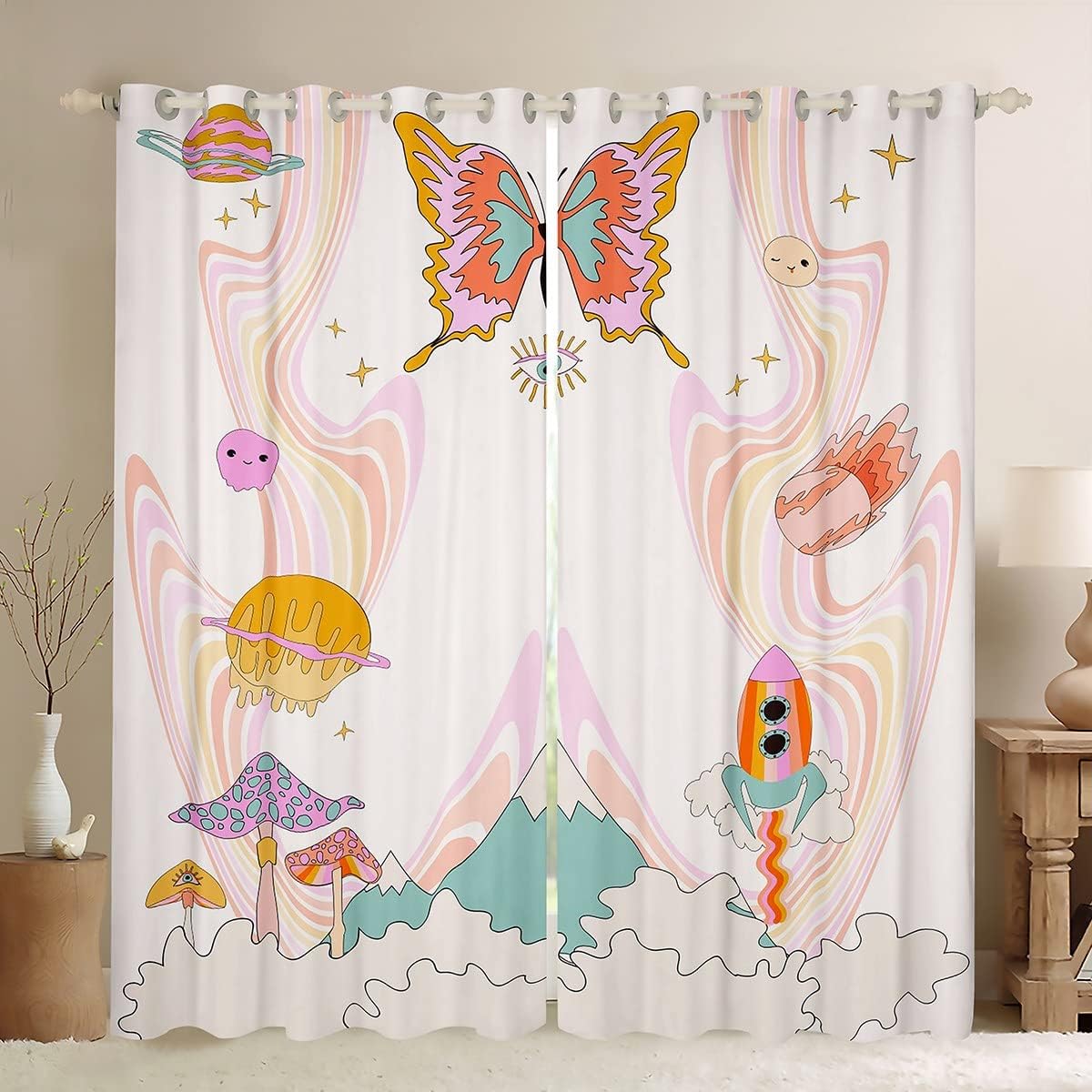 Amazon.com: Groovy Butterfly Curtains for Girls Trippy Hippie Mushroom ...