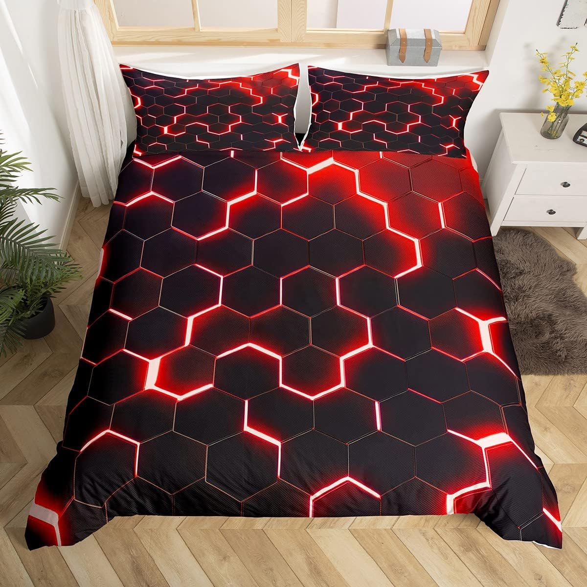 Homewish Honeycomb Bedding Set Single,Red Black Geometric Duvet Cover ...