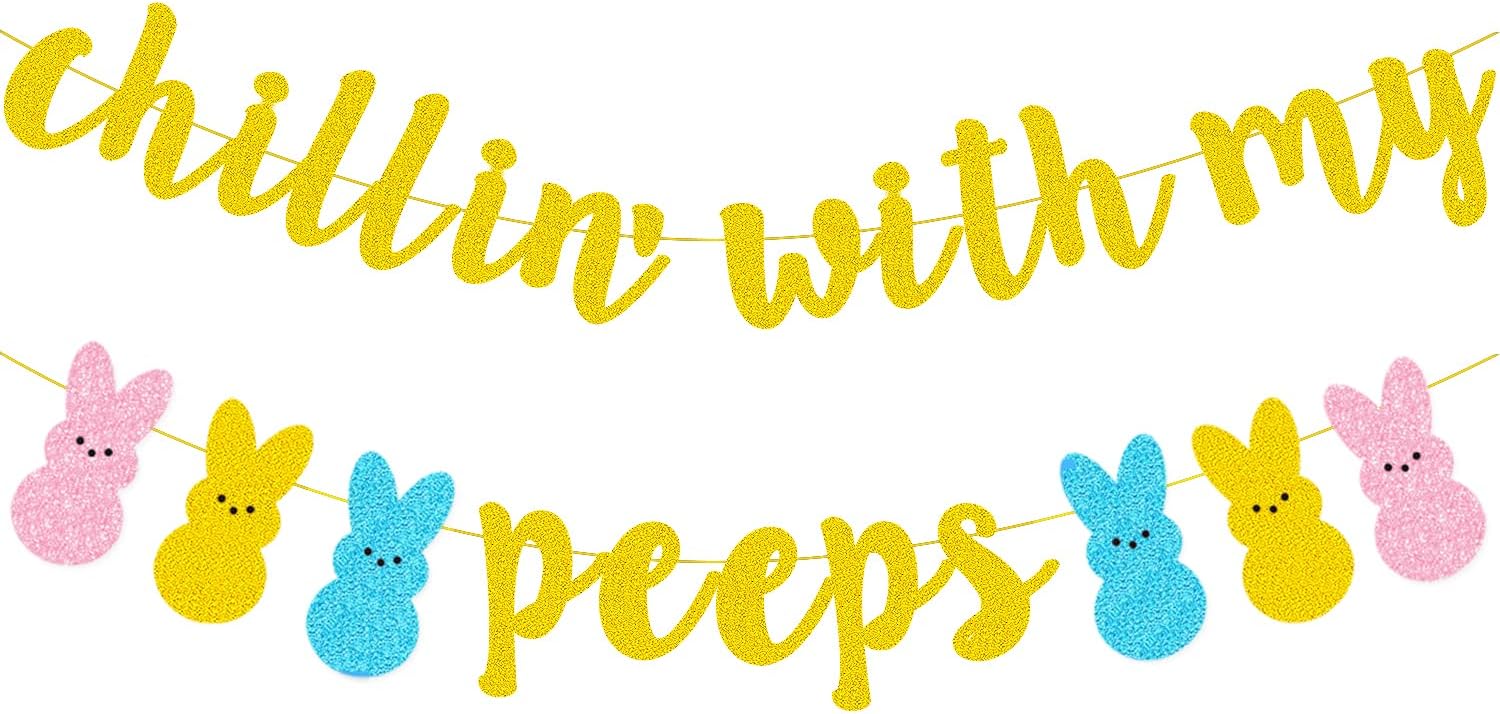 Amazon.com: Easter Bunny Decorations Chillin with my Peeps Banner Gold ...