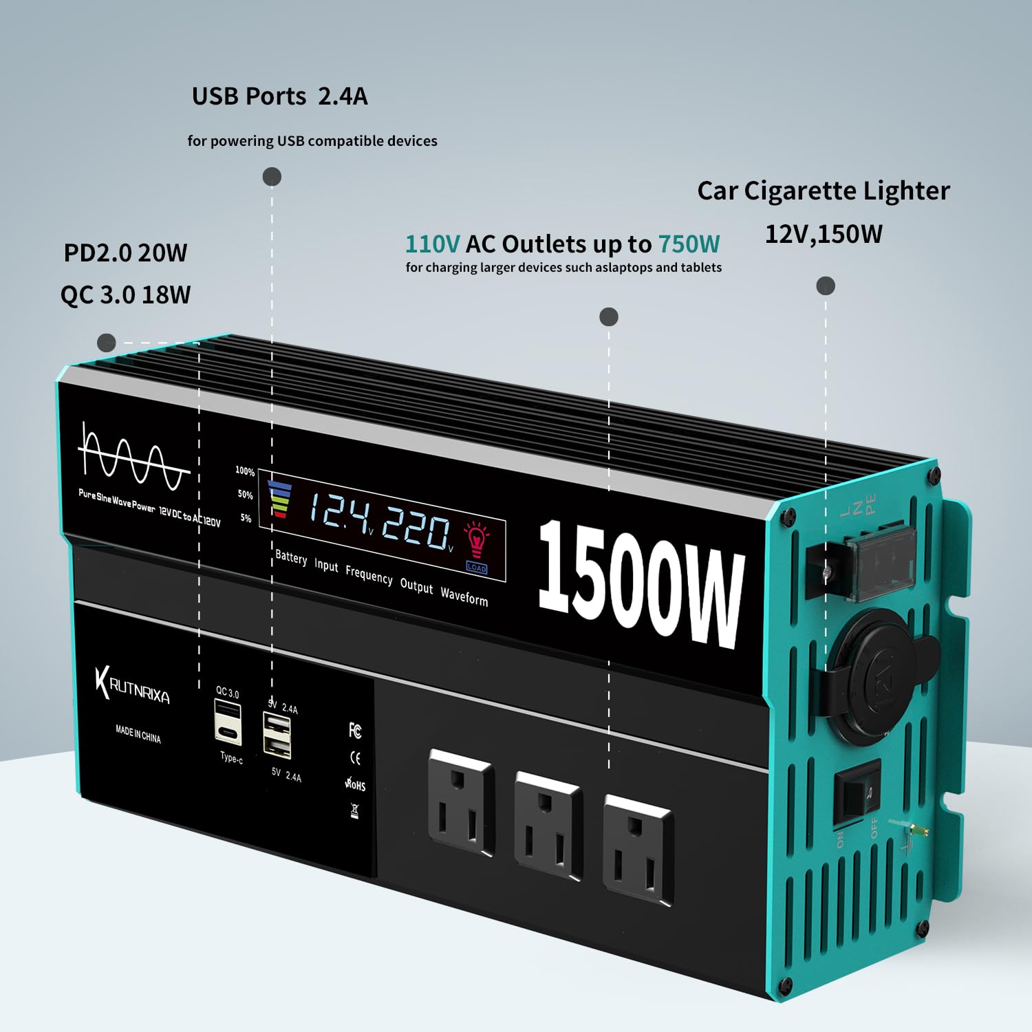 Snapklik.com : RUTNRIXA 1500W Pure Sine Wave Inverter 12V DC To 120V AC ...
