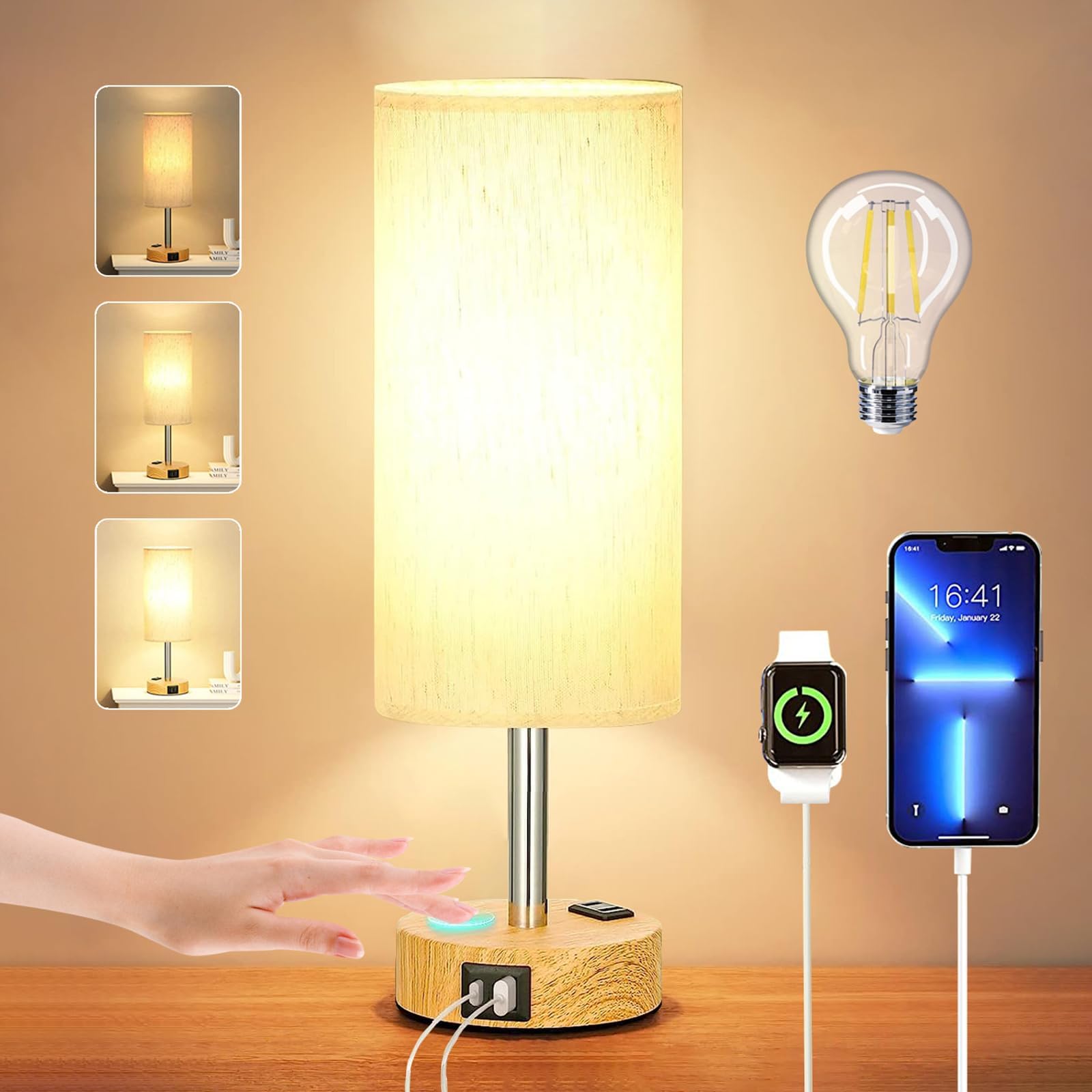 Bedside Table Lamp with USB Port & AC Outlet, Touch Table Lamp 3 Way ...