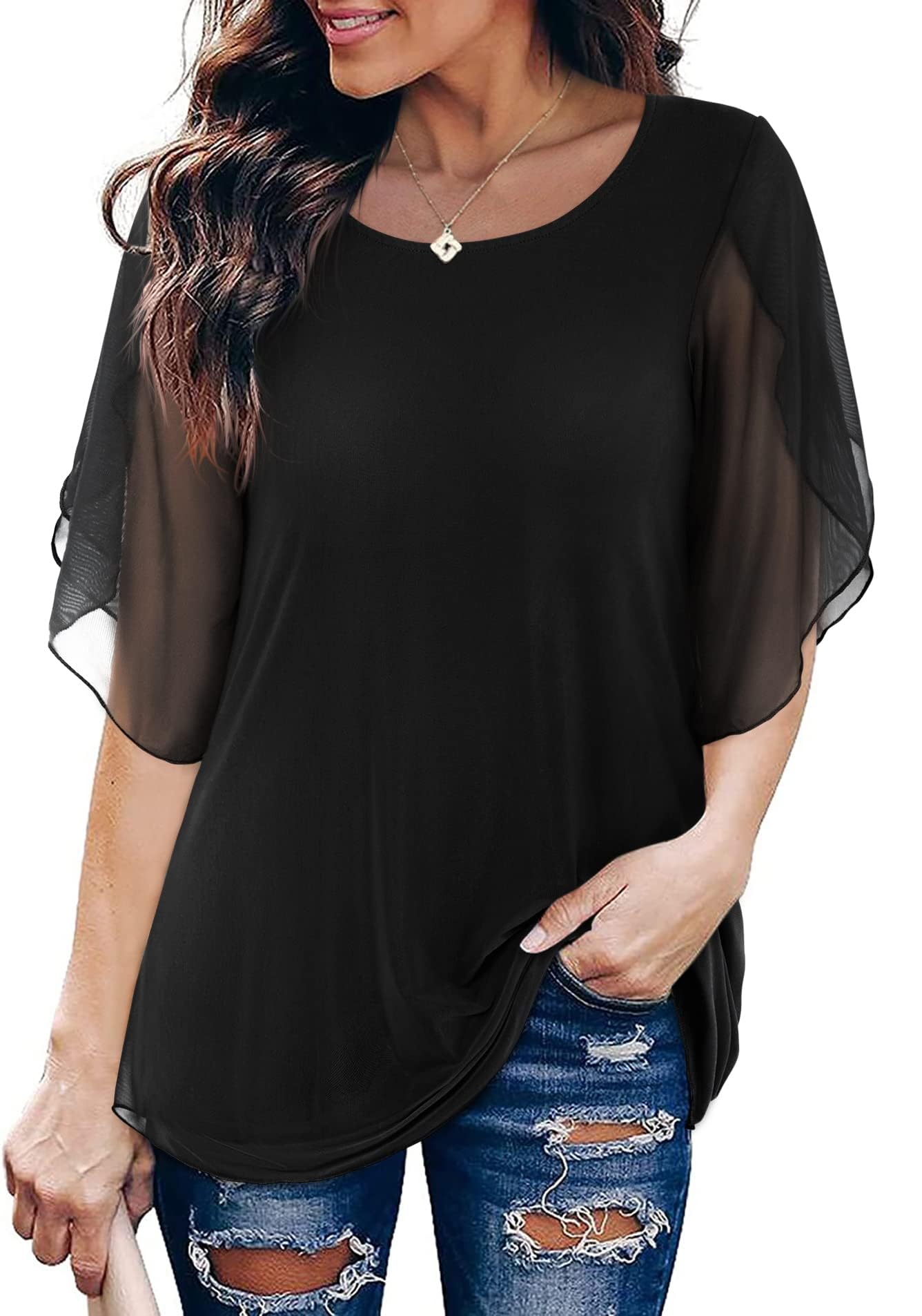 SeSe Code Womens Ruffle 3/4 Sleeve Mesh Blouses Loose Flowy Tops ...