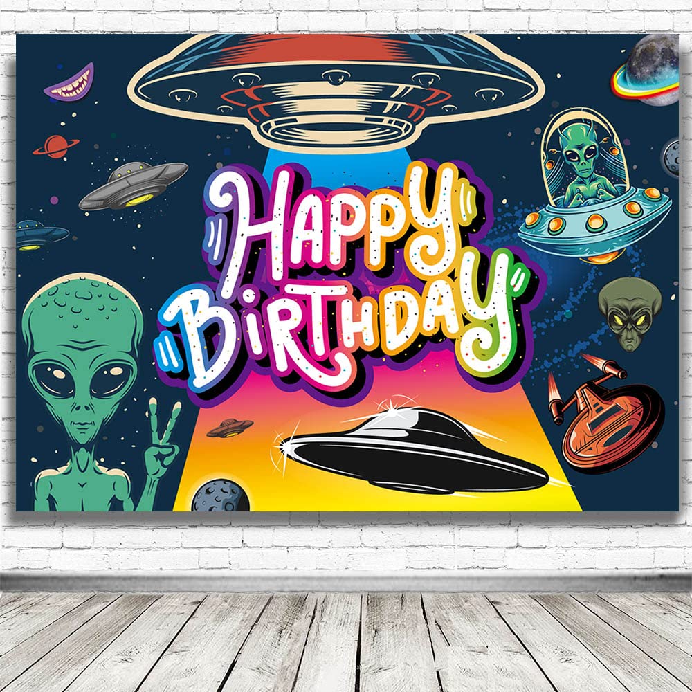 Buy IIILUYOT Funny UFO Happy Birthday Decorations Backdrop, Outer Space ...