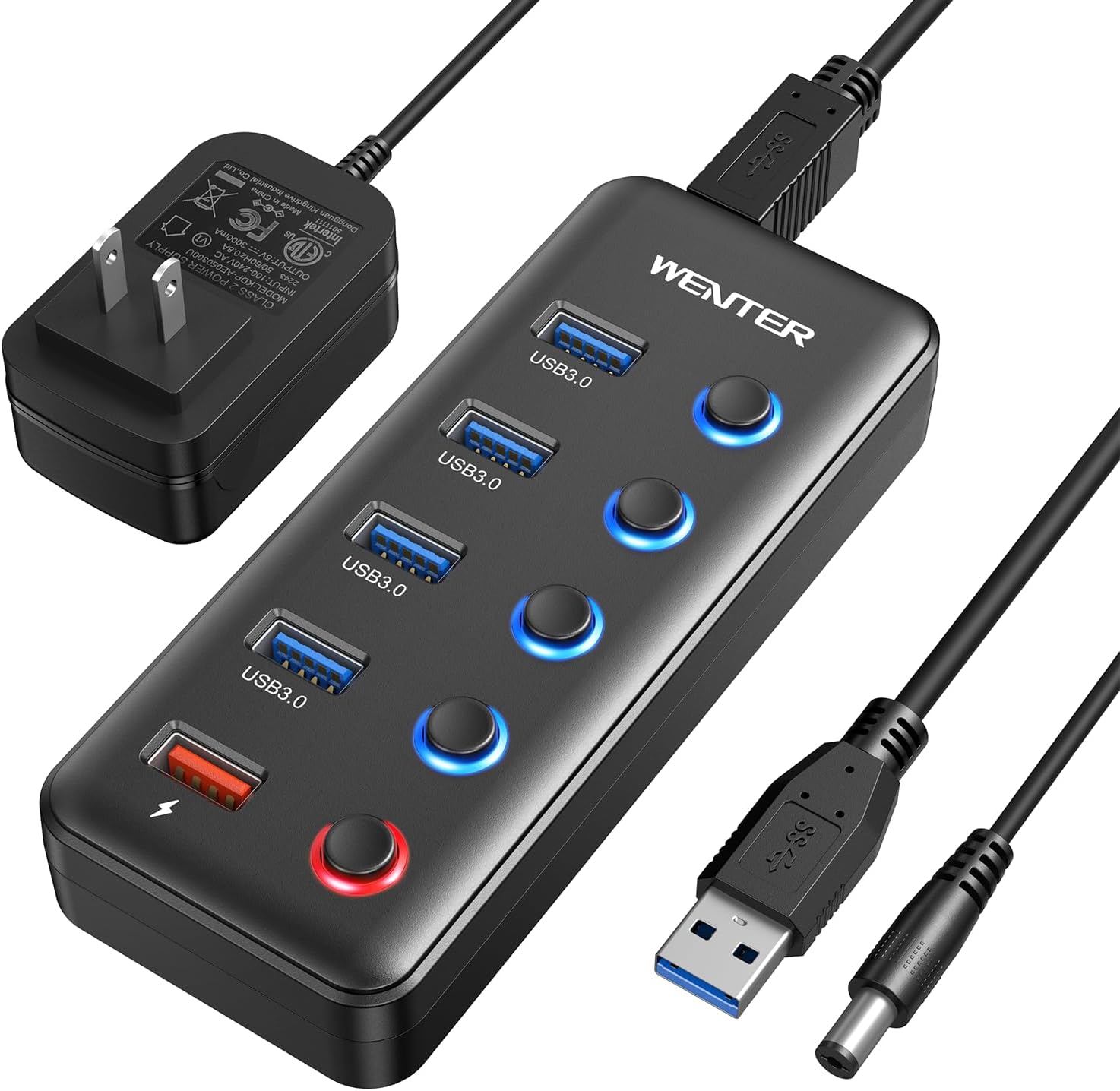 Amazon.com: Powered USB Hub, Wenter 5 Ports USB 3.0 Hub (4 Data ...