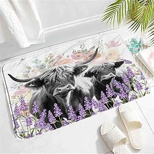 Amazon.com: Farmhouse Highland Cows Bath Mat,Rustic Lavender Flower ...