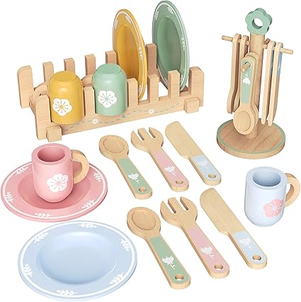 Amazon.com: 20 PCS Kitchen Playset with Wooden Toy Plates and Dishes ...