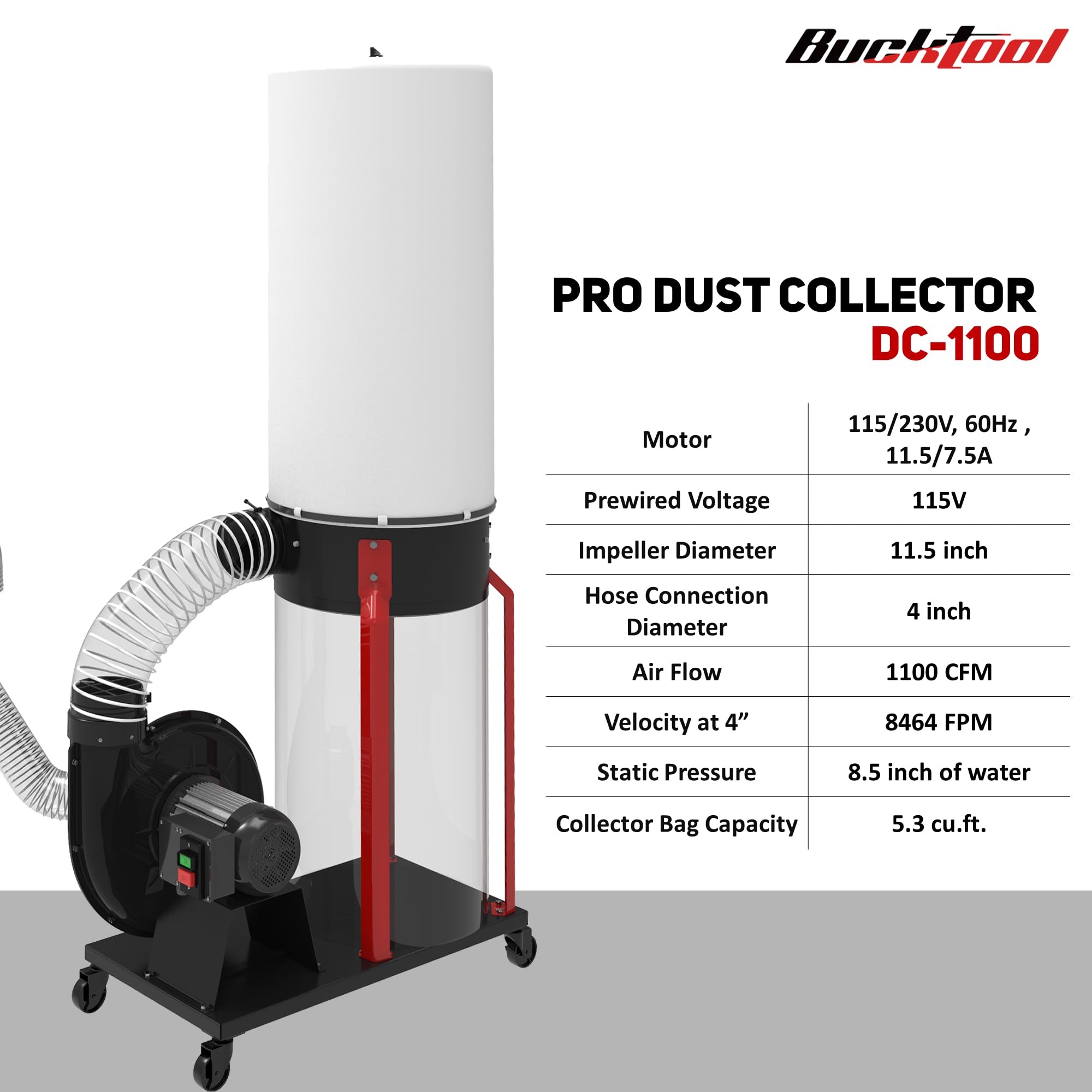 Snapklik.com : Bucktool 1-1/2HP Dust Collector, 1100 CFM Dust Collector ...