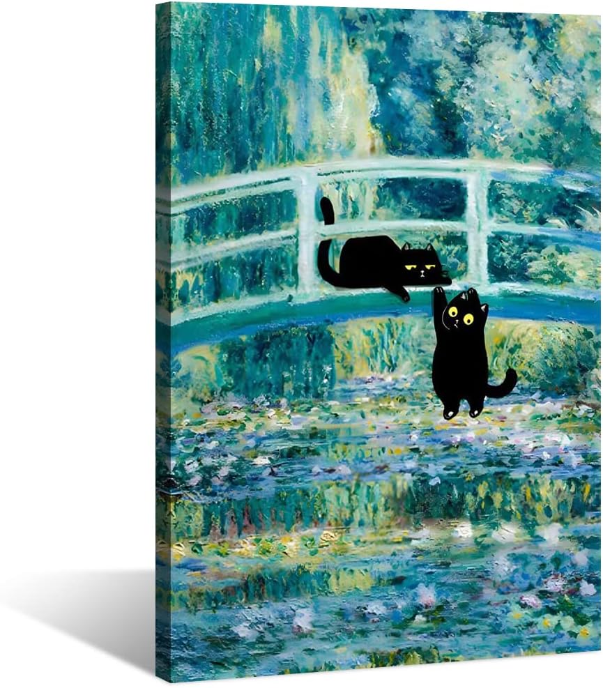 NONPAI Vintage Monet Cat Poster Funny Black Cat Bridge of Waterlilies ...