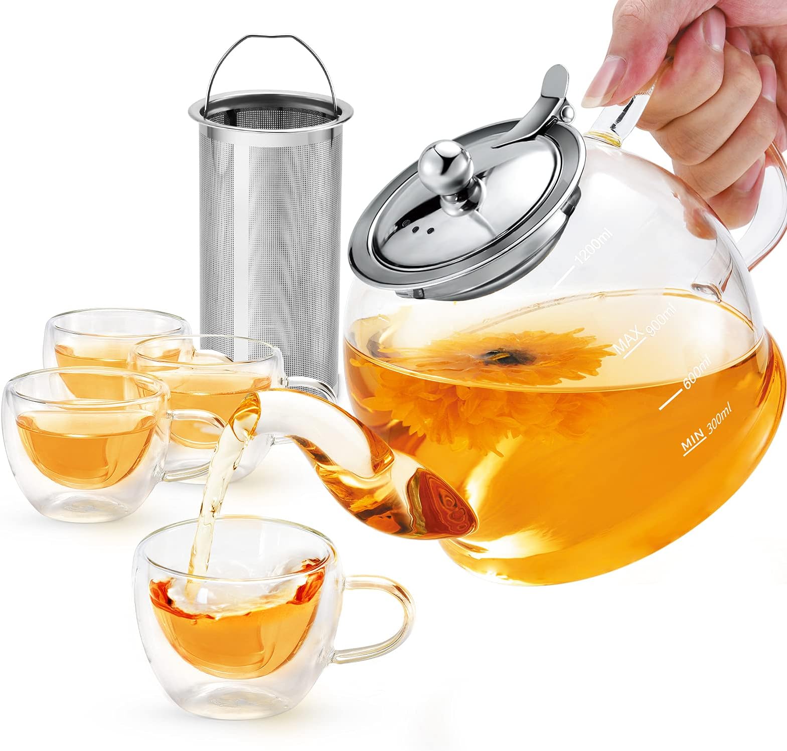 Amazon.com | Large Glass Teapot Set, TeaPot (40 OZ/1200ml) with 4 ...