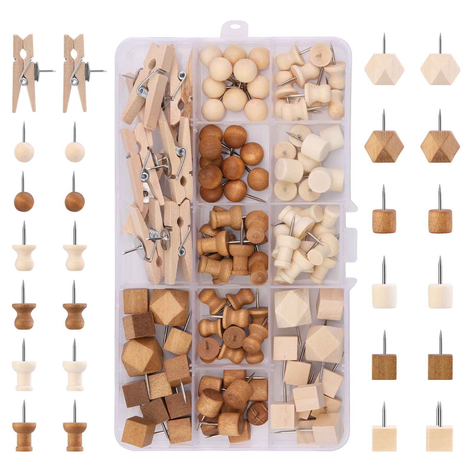 Wood Push Pins, 114 Pcs Decorative Thumb Tacks Wooden Head Pin Wood Map ...