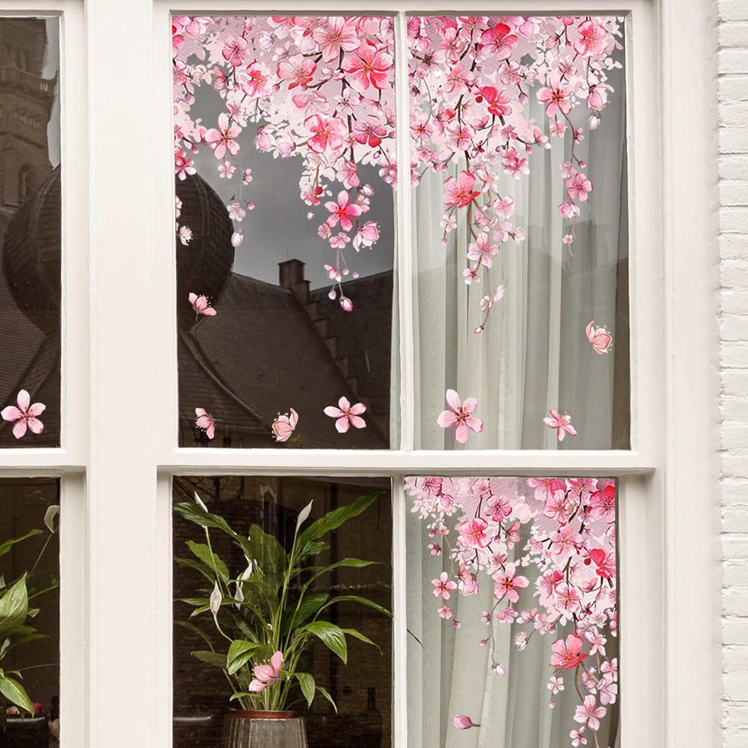 Amazon.com: Spring Summer Flowers Window Clings Sticker Hanging Pink ...