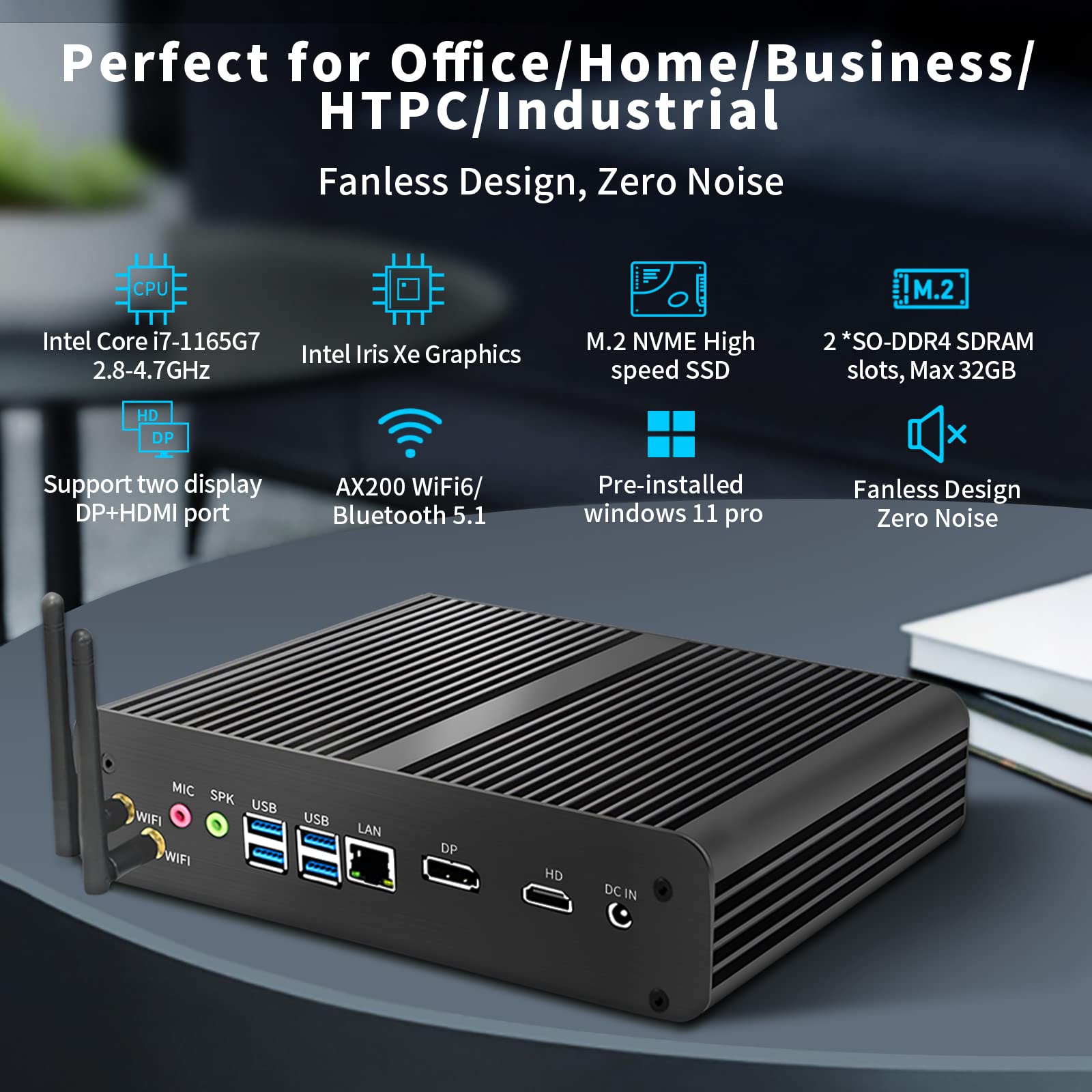 Snapklik.com : Fanless Mini PC, Desktop Computer i7-1165G7 2.8-4.7GHz ...