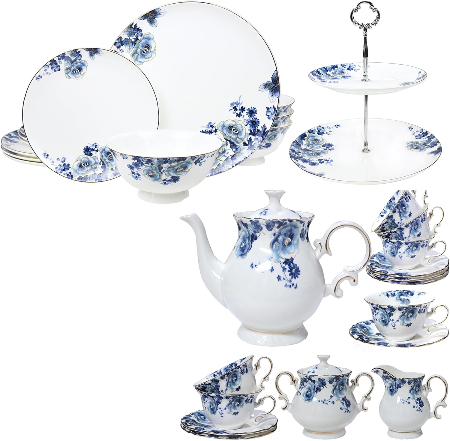 Amazon.com | LE POTOCIO 21-Piece Bone China Tea Set for Adults, Bone China Dinnerware Set for 4 ...