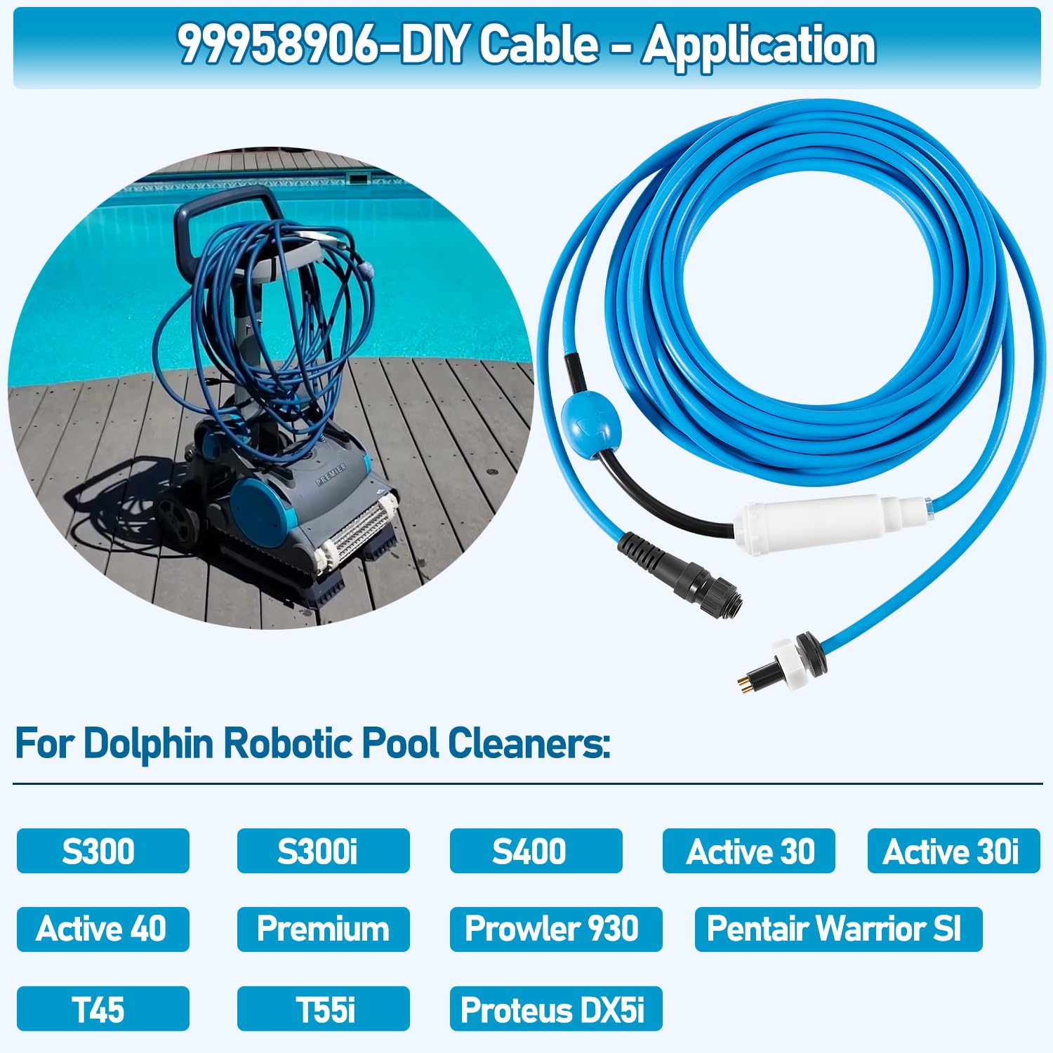 Pool Cleaner Cable 18M/60FT Blue 3-Wire Cable With Swivel For Dolphin ...