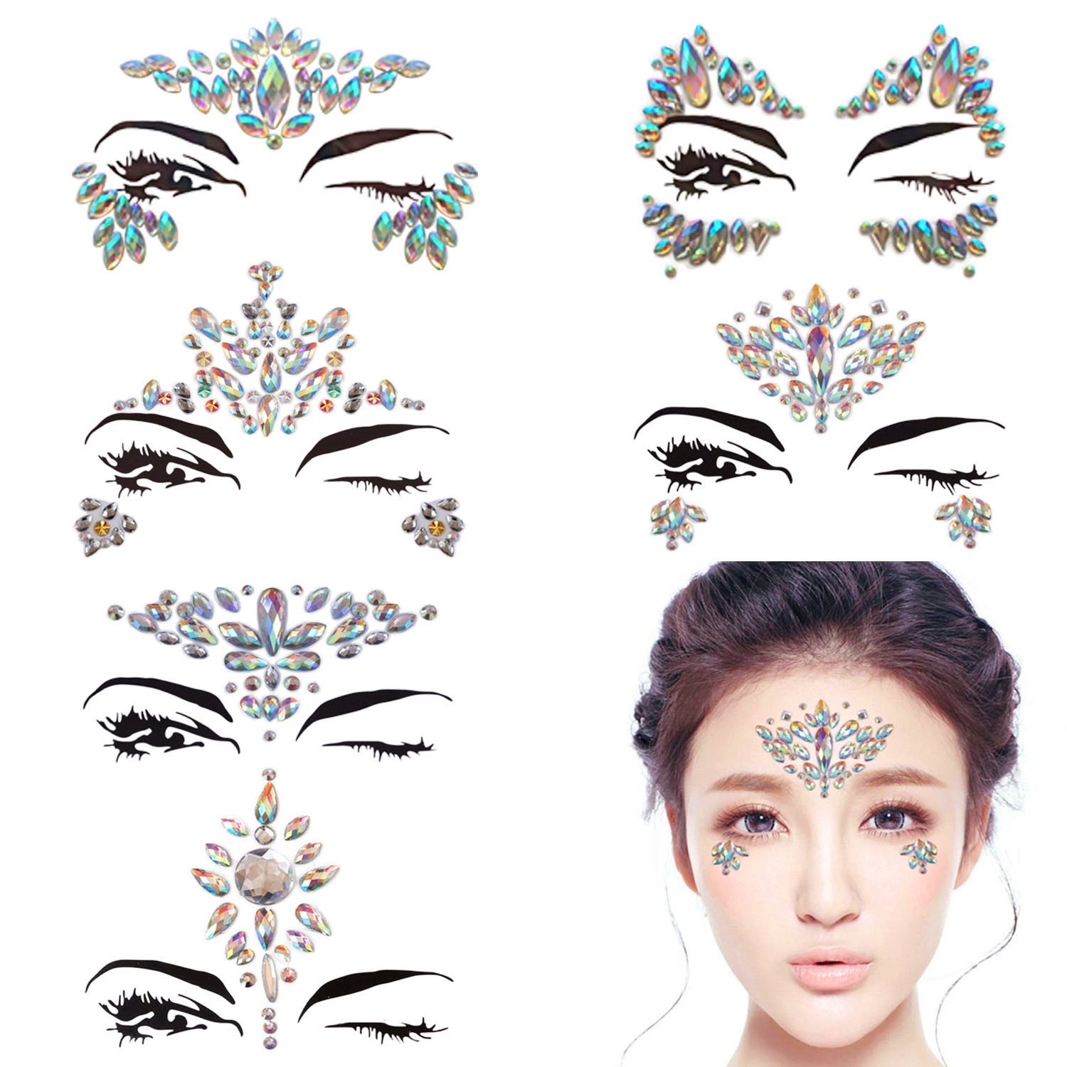 Amazon.com : DALIN 6 Sheets Face Gems Rave Festival Jewels Crystals ...