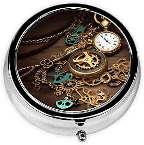 Amazon.com: Pill Box Steampunk Watches Keys and Chains Round Pill Case ...