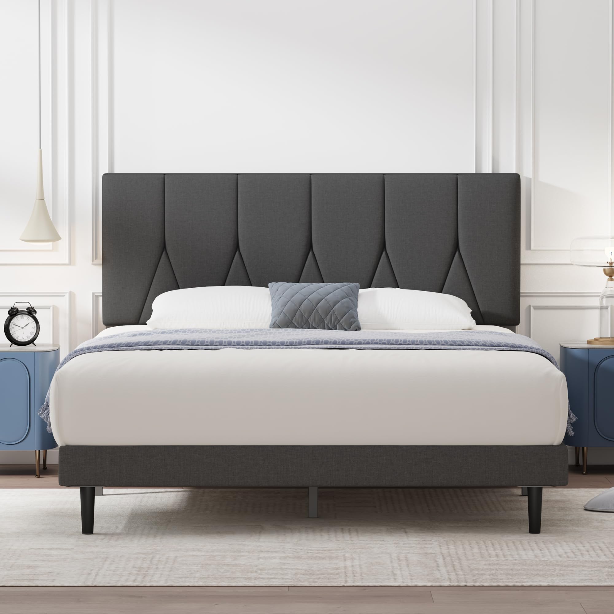 MOFLUT Double Bed Frame with Wooden Storage Headboard Shelf, 4ft6 ...