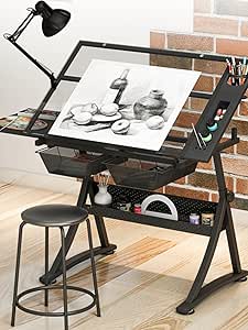 Drafting Workstation with Stool Artist Desk Adjustable Height(28.7"-38. ...