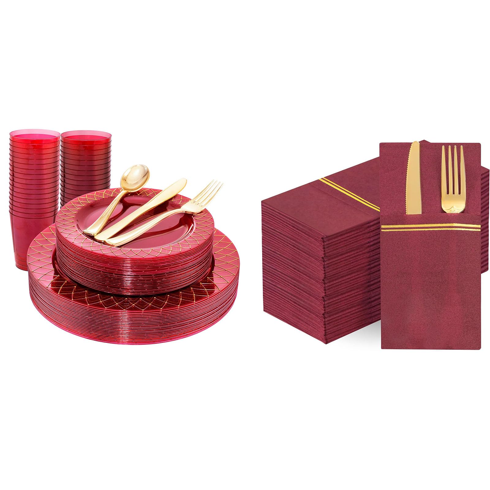 Amazon.com: Nervure 150PCS Clear Red Plastic Plates with Gold Rim and ...