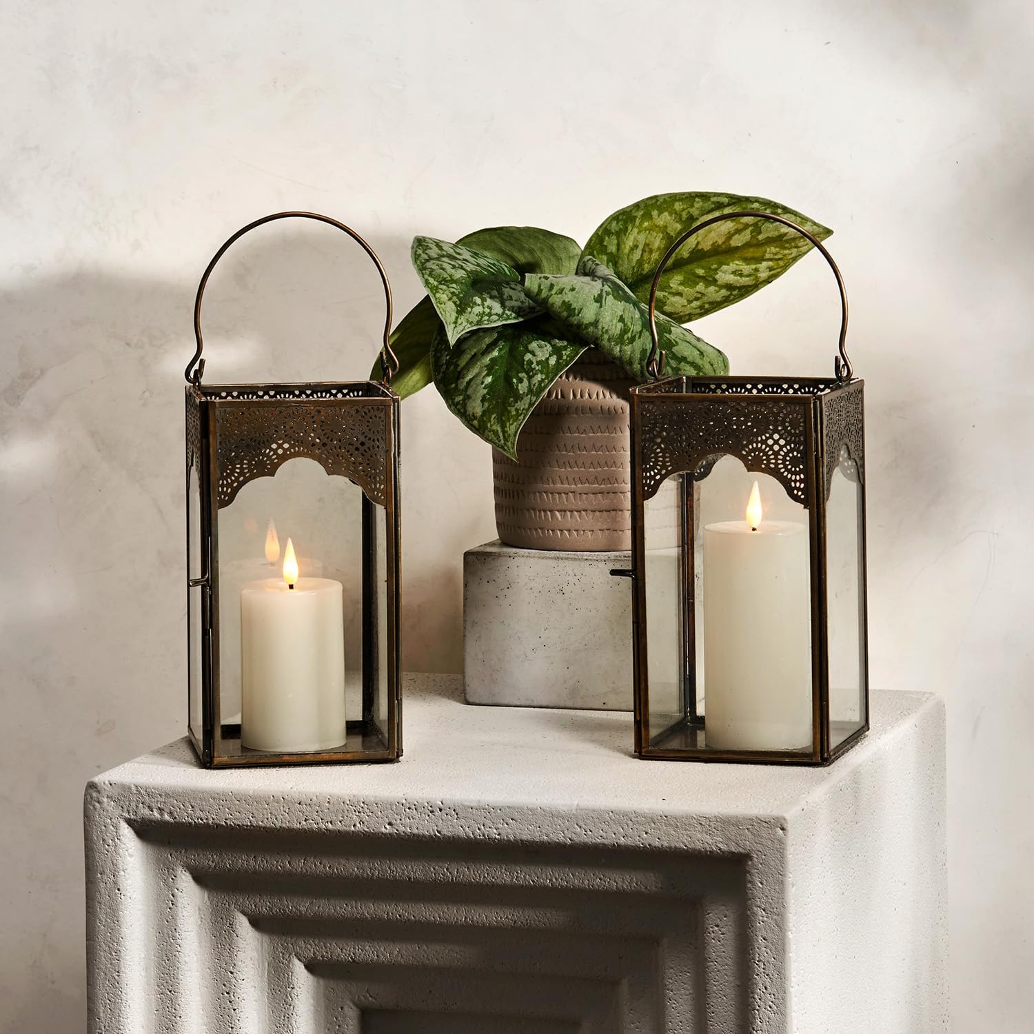 Amazon.com: LampLust Moroccan Lantern Candle Holder - Set of 2, Aged Brass Decorative Lanterns ...