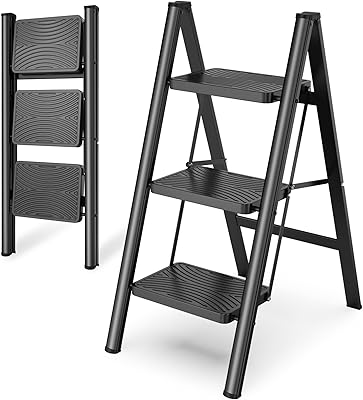 WOA WOA 3 Step Ladder, Lightweight Aluminum Stepladders with Widen ...