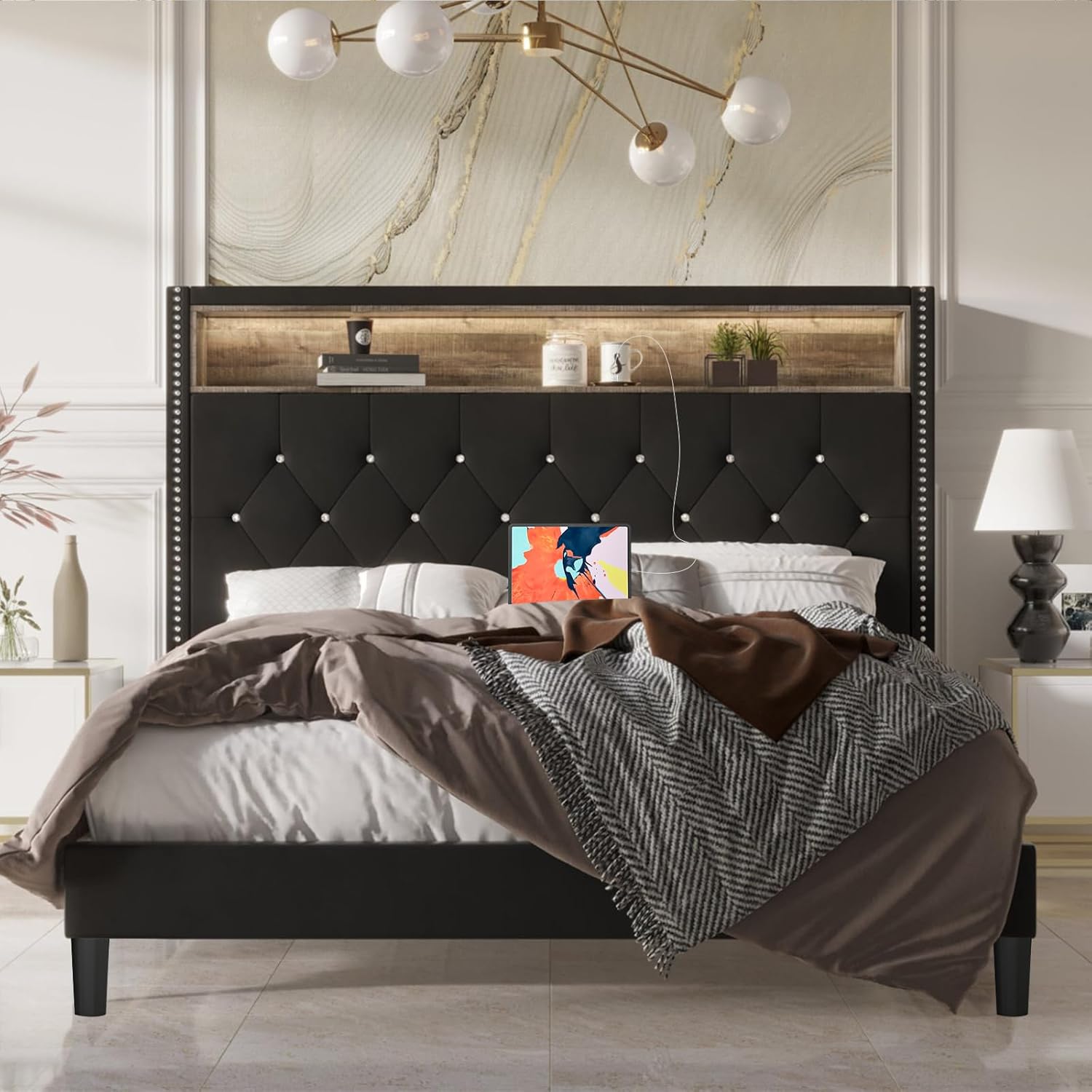 Amazon.com: HOMBCK Queen Size Bed Frame with Headboard and Storage ...