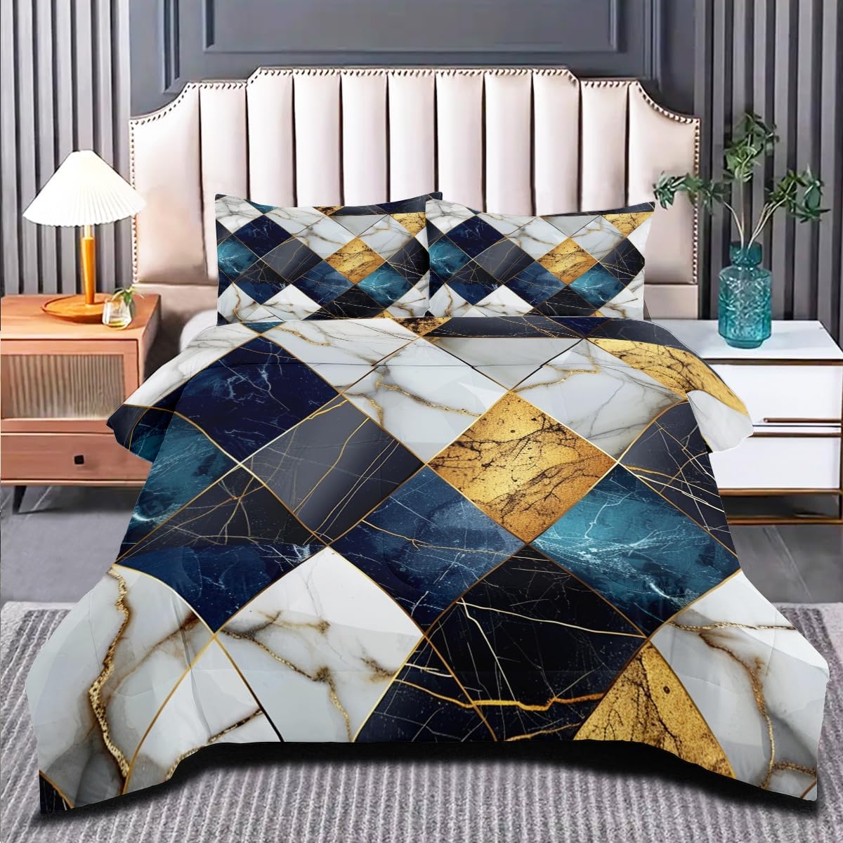 Amazon.com: CCoutueChen Blue White Gold Marble Comforter Set Queen Size ...