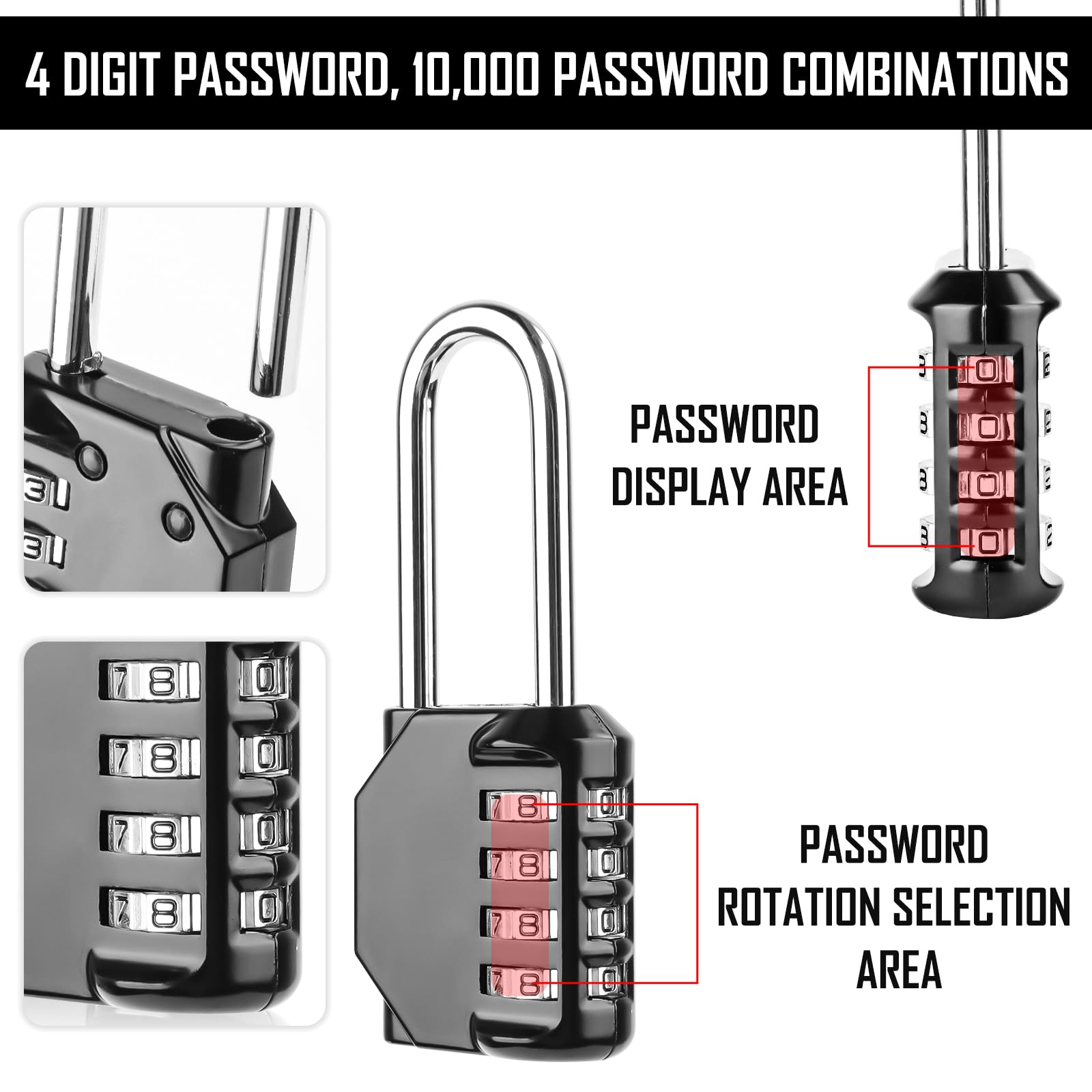 Set of 2 Combination Padlock with Combination Code, Long Shackle ...