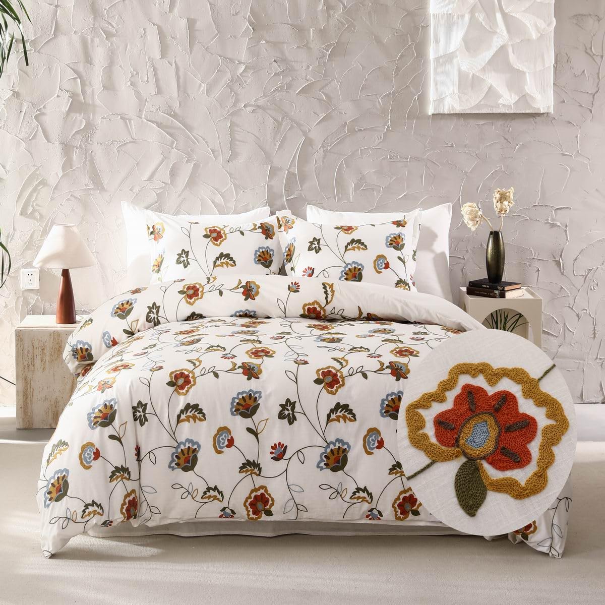 Amazon.com: meadow park Crewel Embroidery Cotton Slub Duvet Cover ...
