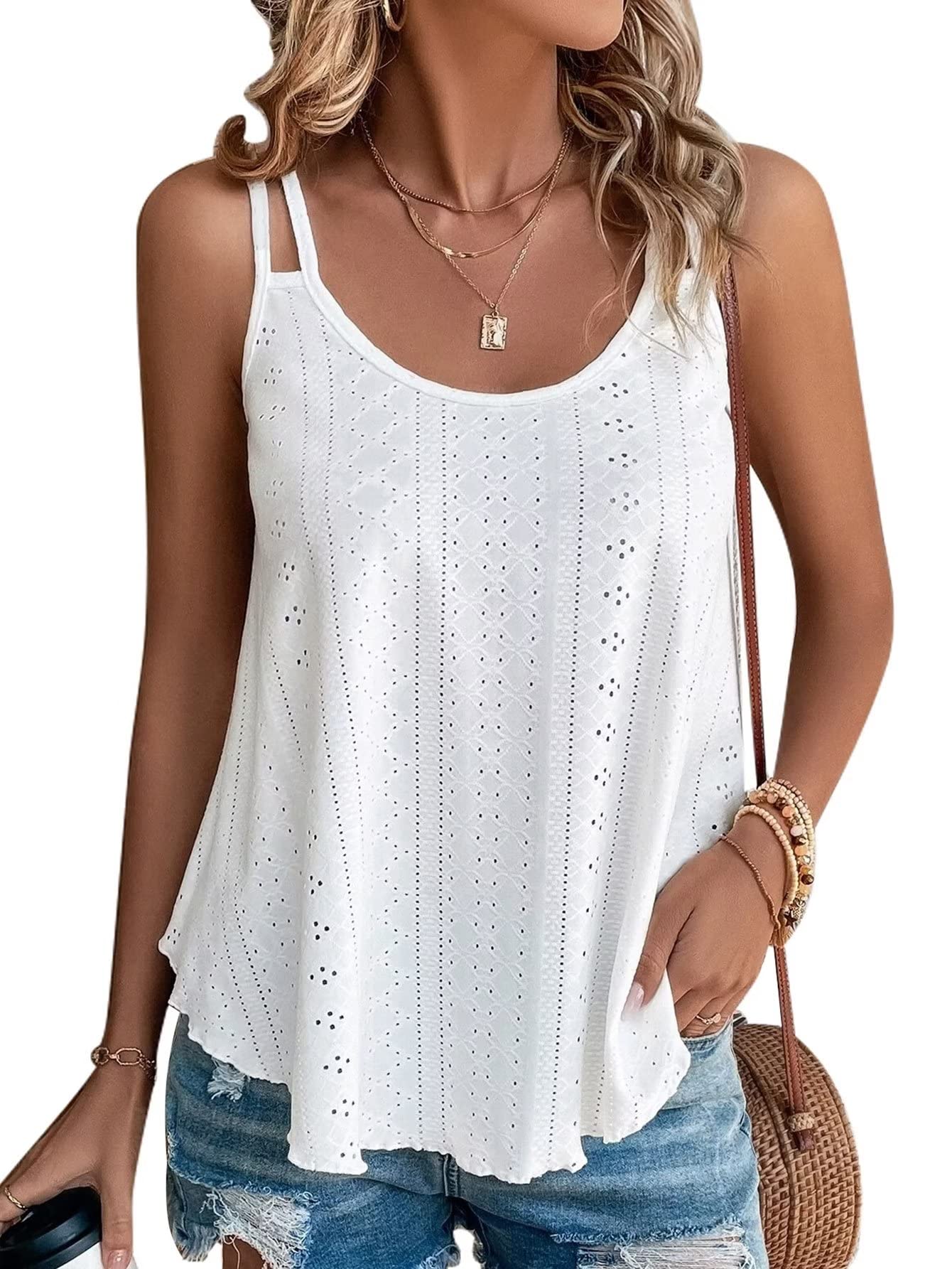 KKJ Womens Tank Tops Eyelet Embroidery Sleeveless Spaghetti Strap Tops ...
