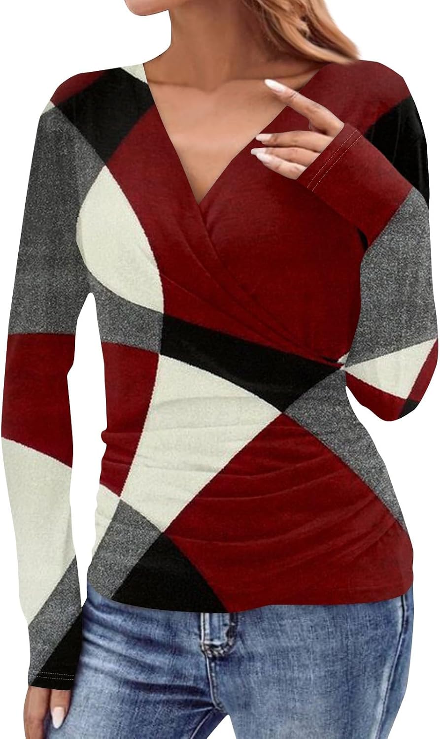 Womens Fall Tops 2024 Sexy Wrap Ruched Tops Trendy V Neck