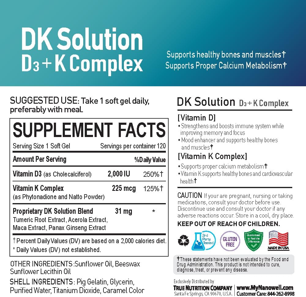 DK Solution 120 cápsulas blandas x 2 botellas (vitamina D3 + complejo K) – Suplemento dietético ...
