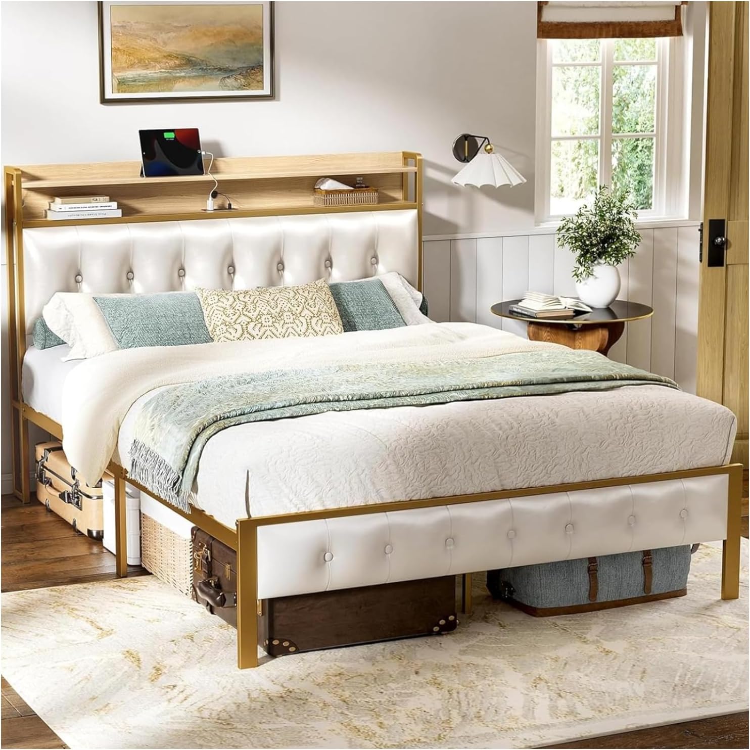 FABATO Base Cama Matrimonial - Cabecera Matrimonial Tapizada con Luces ...