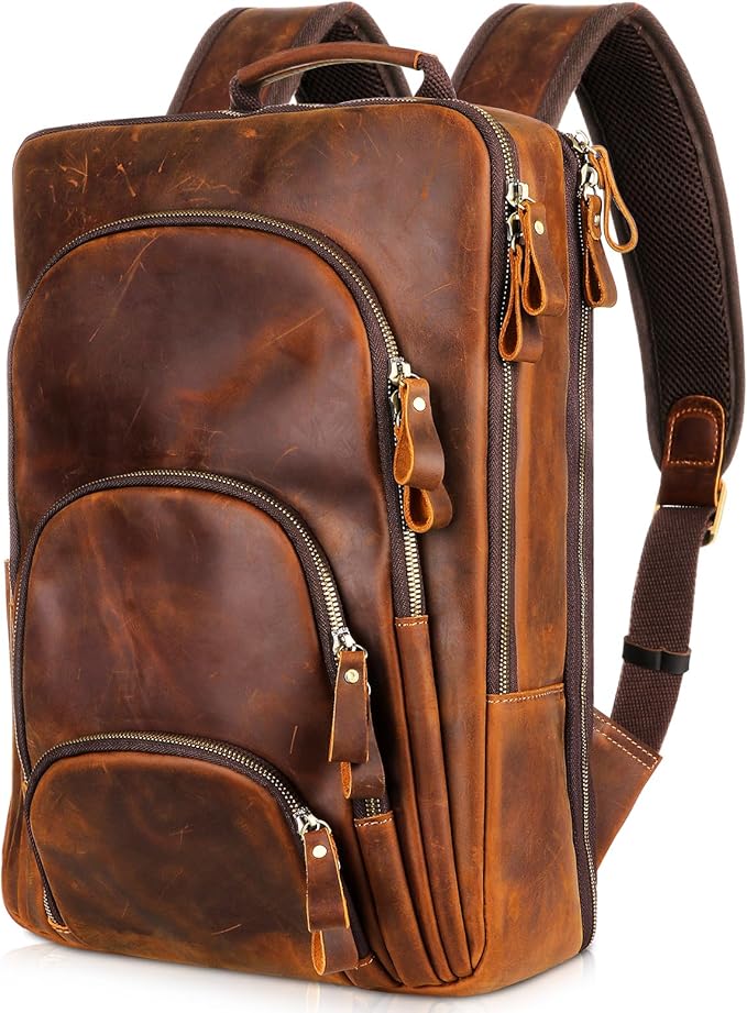 Amazon.com: Fshsup Full Grain Leather Backpack 15.6" Laptop Bag Men's ...