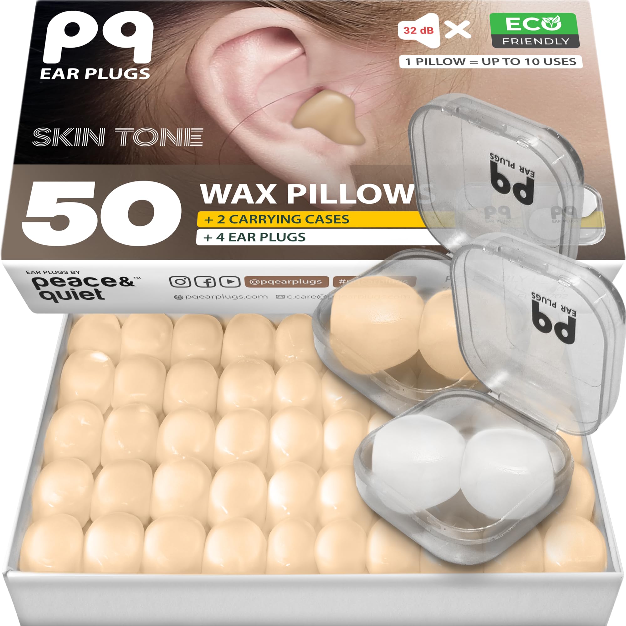 Amazon.com: Peace&Quiet Wax Ear Plugs for Sleeping, Swimming - 50 Noise ...