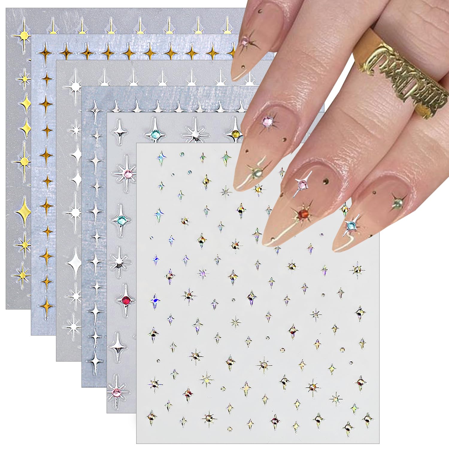 Amazon.com: 6 Sheets 3D Glitter Star Nail Stickers Shiny Crystal Nail ...