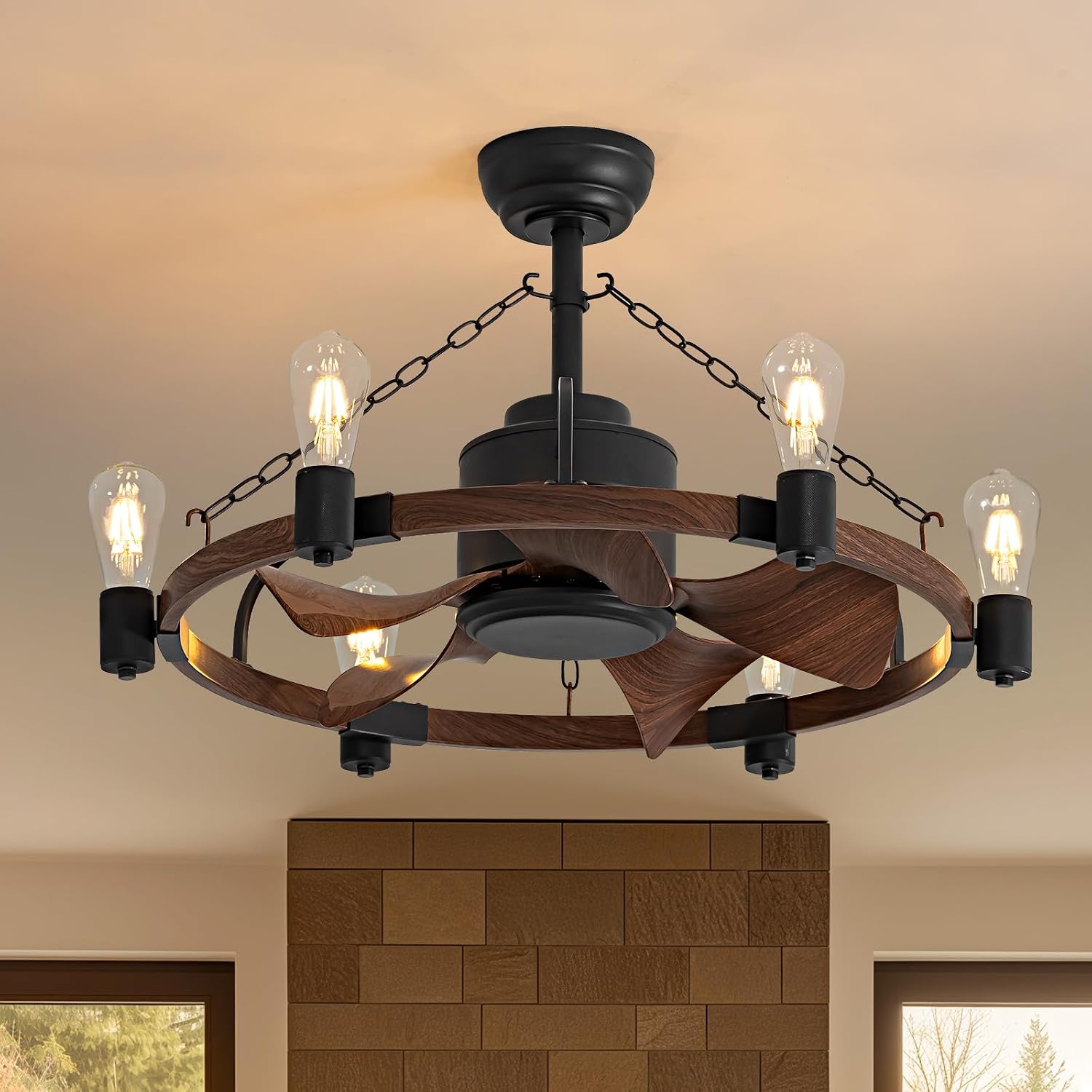 LUDOMIDE Ceiling Fan with Light, 28” Rustic Chandelier Ceiling Fan with ...