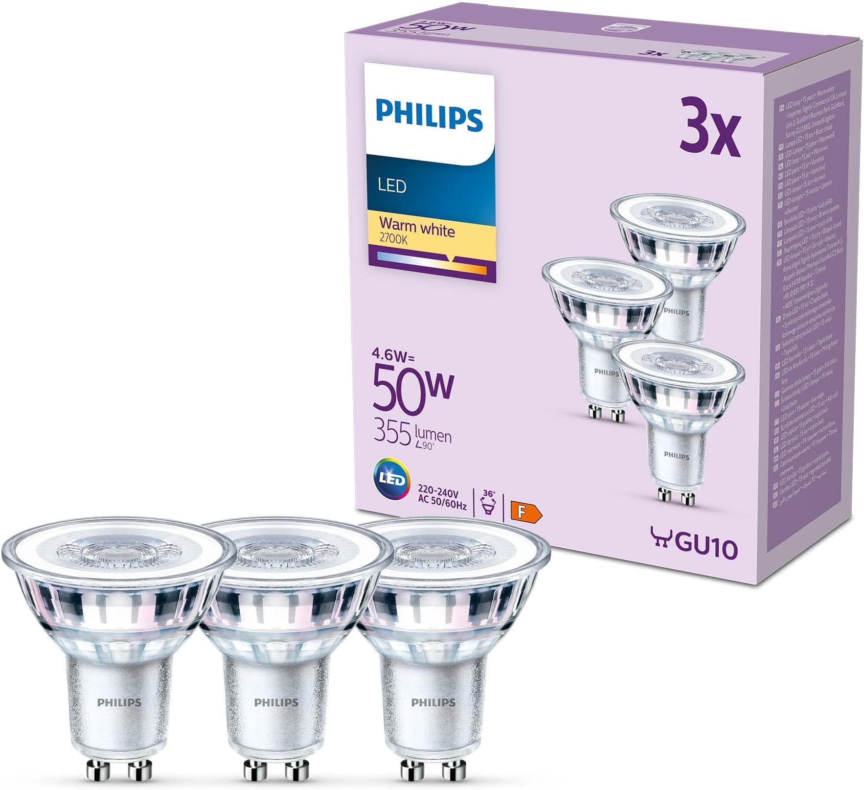 PHILIPS WarmGlow 6 Pack Dimmable [GU10 Spot] LED Light Bulbs, 3.8 W ...