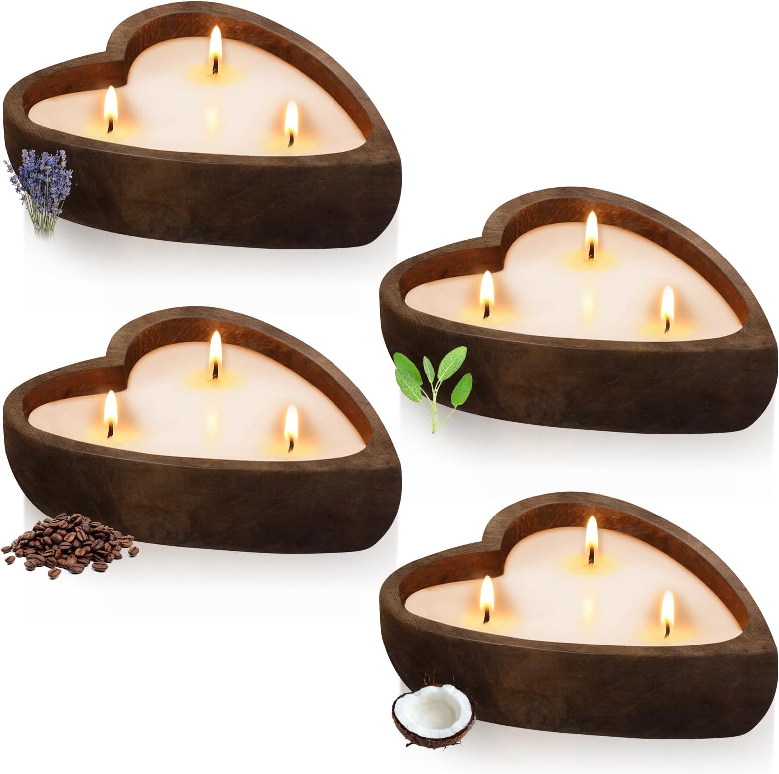 Amazon.com: MTLEE 4 Pcs Heart Wooden Dough Bowl Candles 4 Fragrances, 3 ...