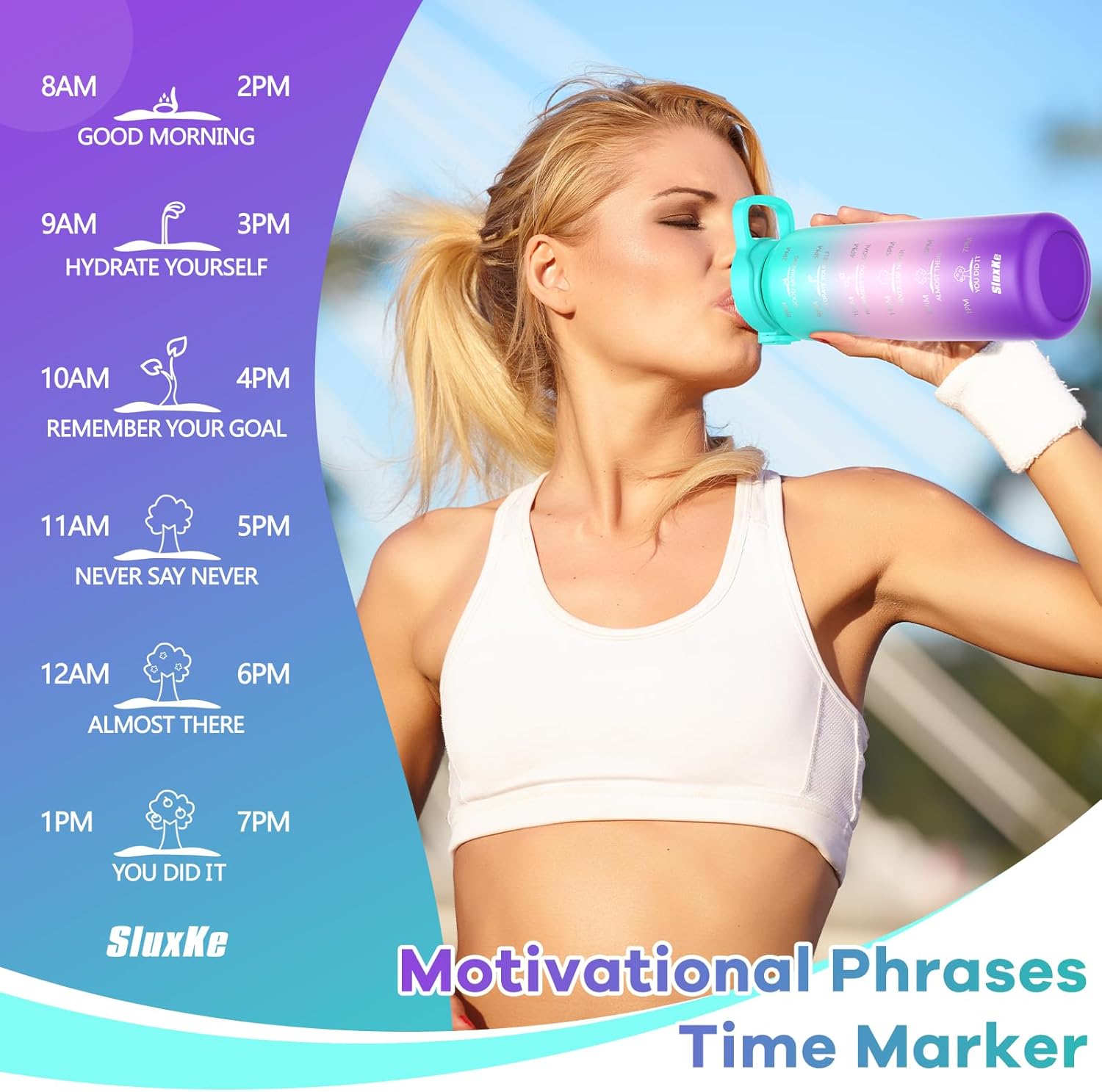 SLUXKE Botella de agua deportiva de acero inoxidable 316, 32 onzas con marcador de tiempo, termo ...