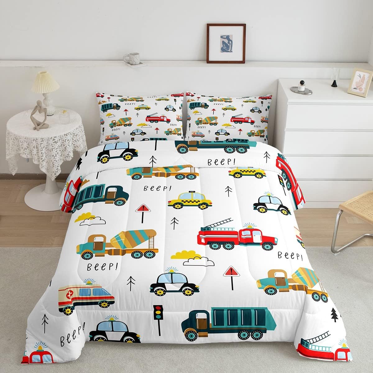 Amazon.com: Feelyou Cartoon Car Comforter Set Queen Size Kids ...