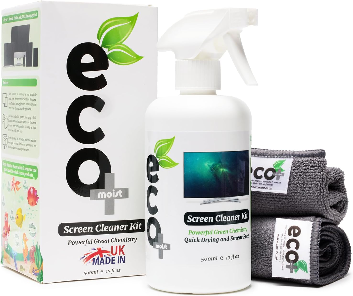 Ecomoist Screen Cleaner 500ml with two Microfibre Towels 40x40cm and ...