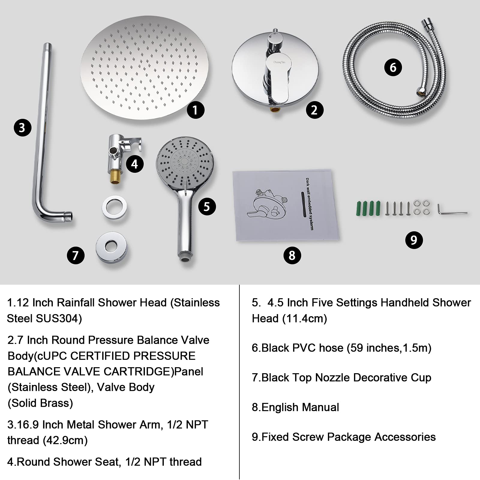Shower Faucet Set Complete Chrome Shower System 12" Rainfall Shower ...
