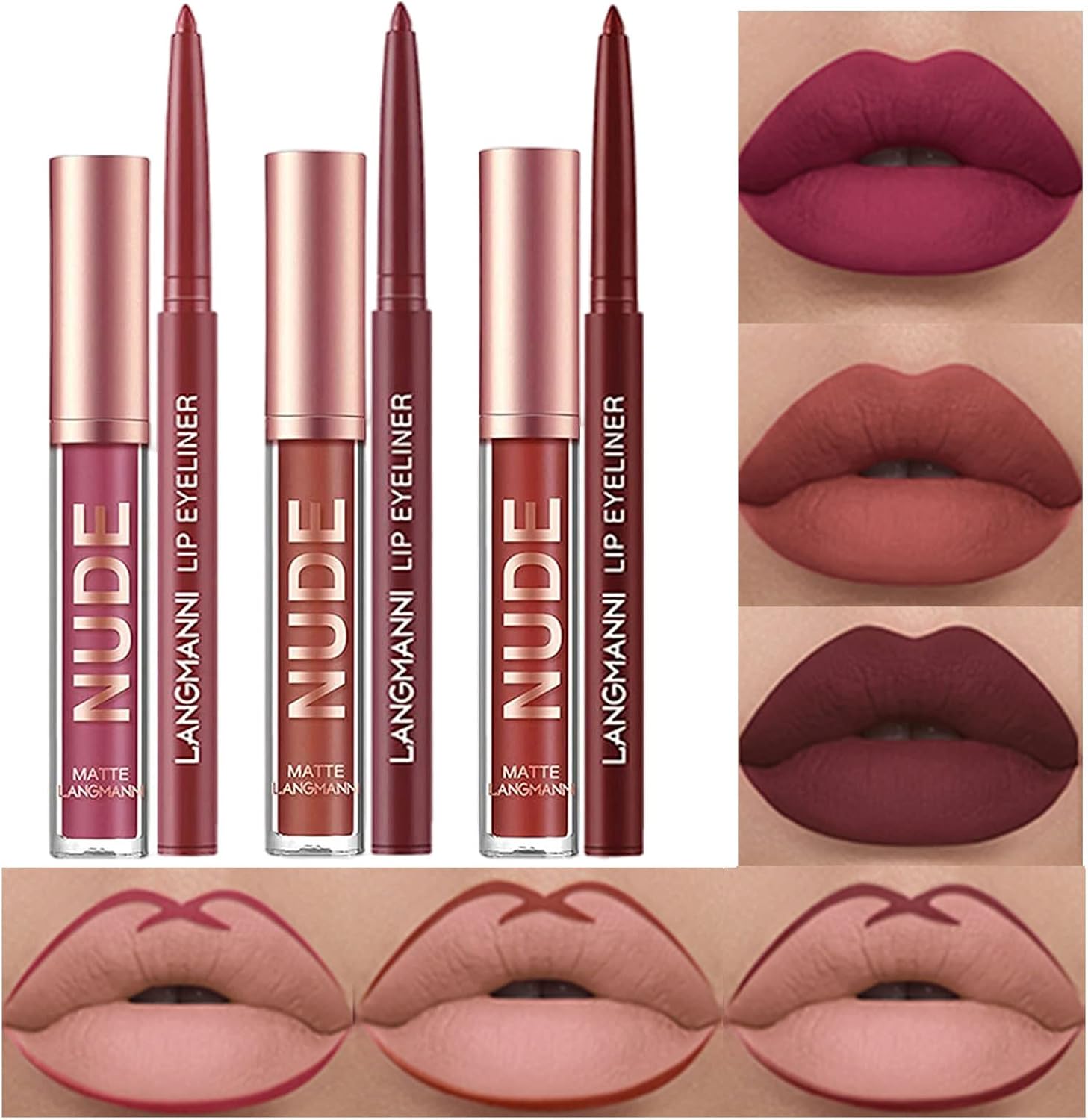 URQT 6pcs Lip Liner and Lipstick Makeup Set, 3 Velvety Matte Liquid ...