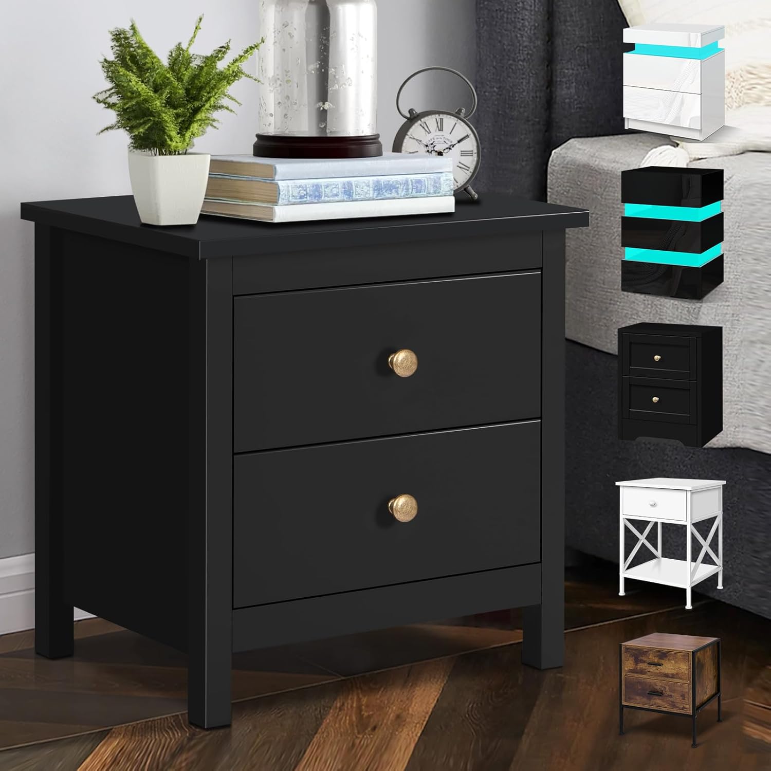 ELFORDSON Black Bedside Table with 2 Storage Drawers, Wooden Bedside ...