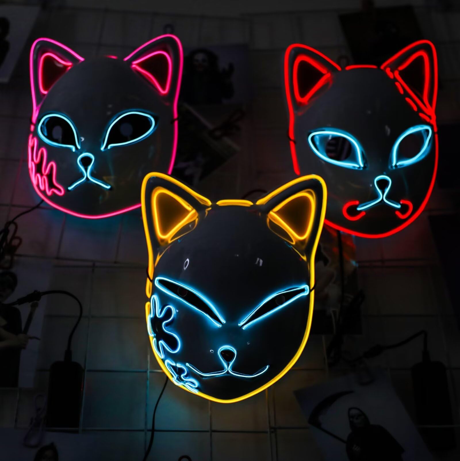 Amazon.com: 3 PCS LED Demon Mask Halloween Japanese Slayer Cartoon Fox ...