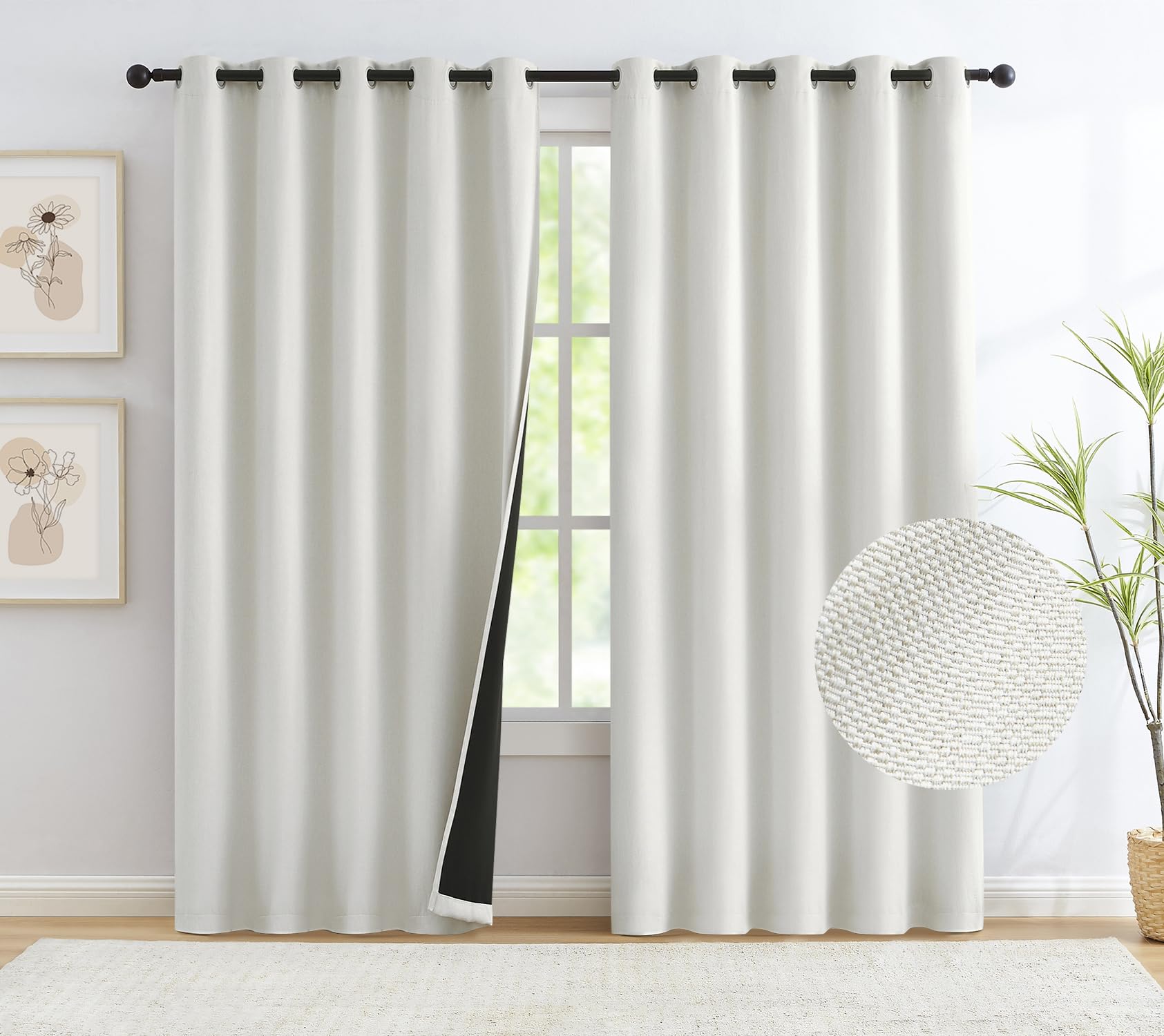 Cream White Linen Full Blackout Curtains for Bedroom Thermal Insulated ...