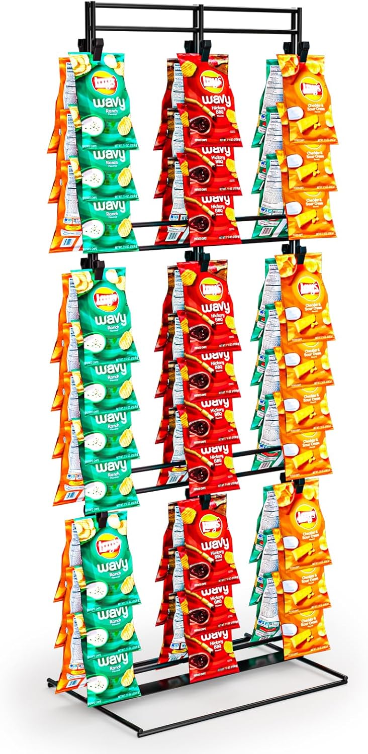 Chip Rack Display Stand, 3-Row with 60 Clips Retail Display Snack Candy ...