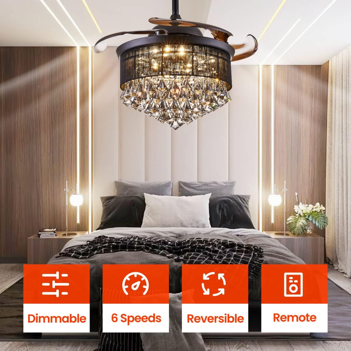 Buy 42 inch Retractable Crystal Ceiling Fan with Lights and Remote ...