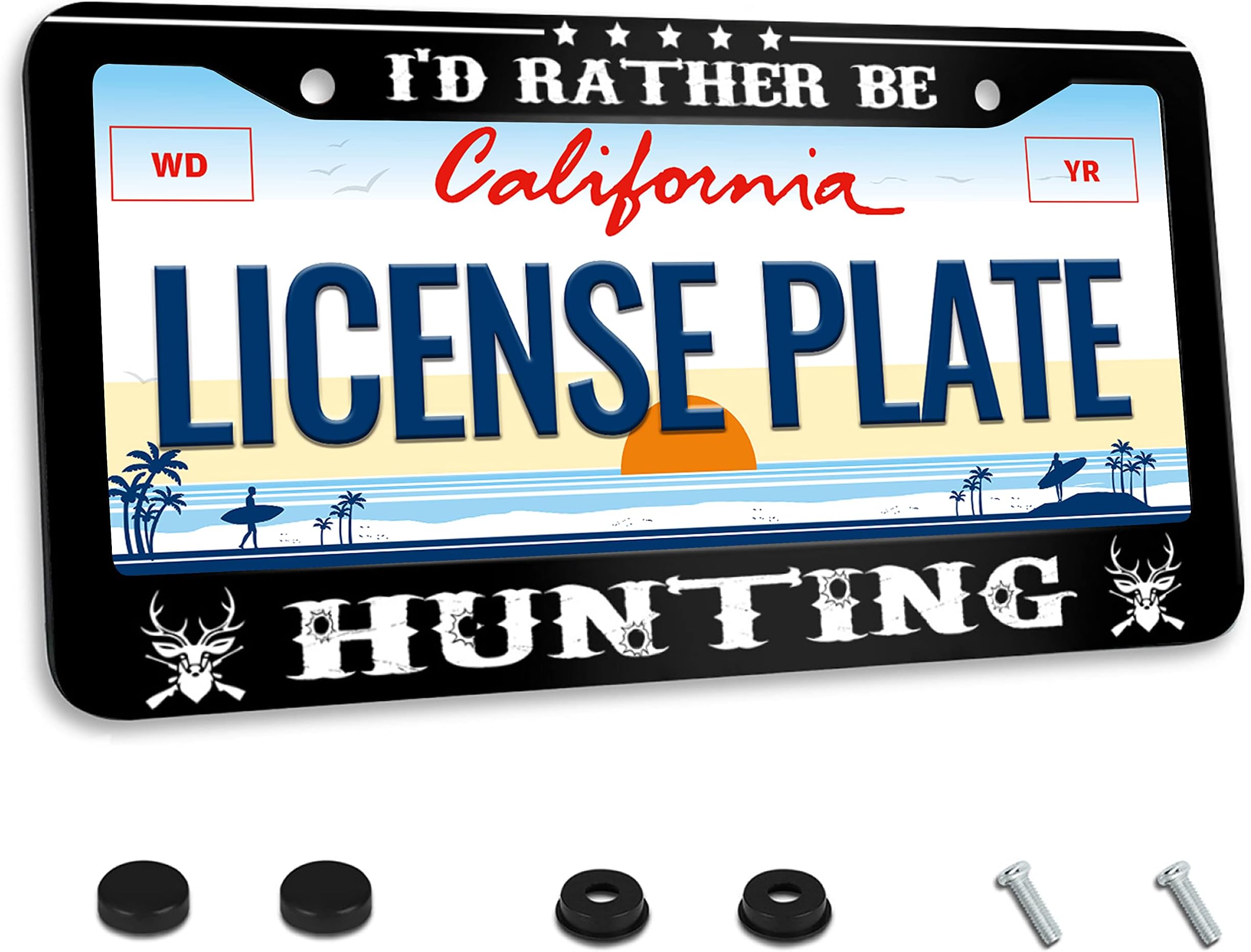Amazon.com: I'D Rather Be Hunting License Plate Frame Funny Text ...